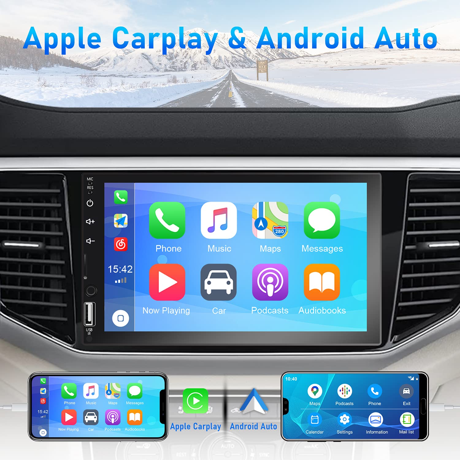 Double Din Car Stereo, in-Dash Car Radio with CarPlay/Android Auto Bluetooth 7 Inch HD Touchscreen Auto Radio with Backup Camera, FM/Mirror Link//TF/AUX/USB/Multimedia MP5 Player