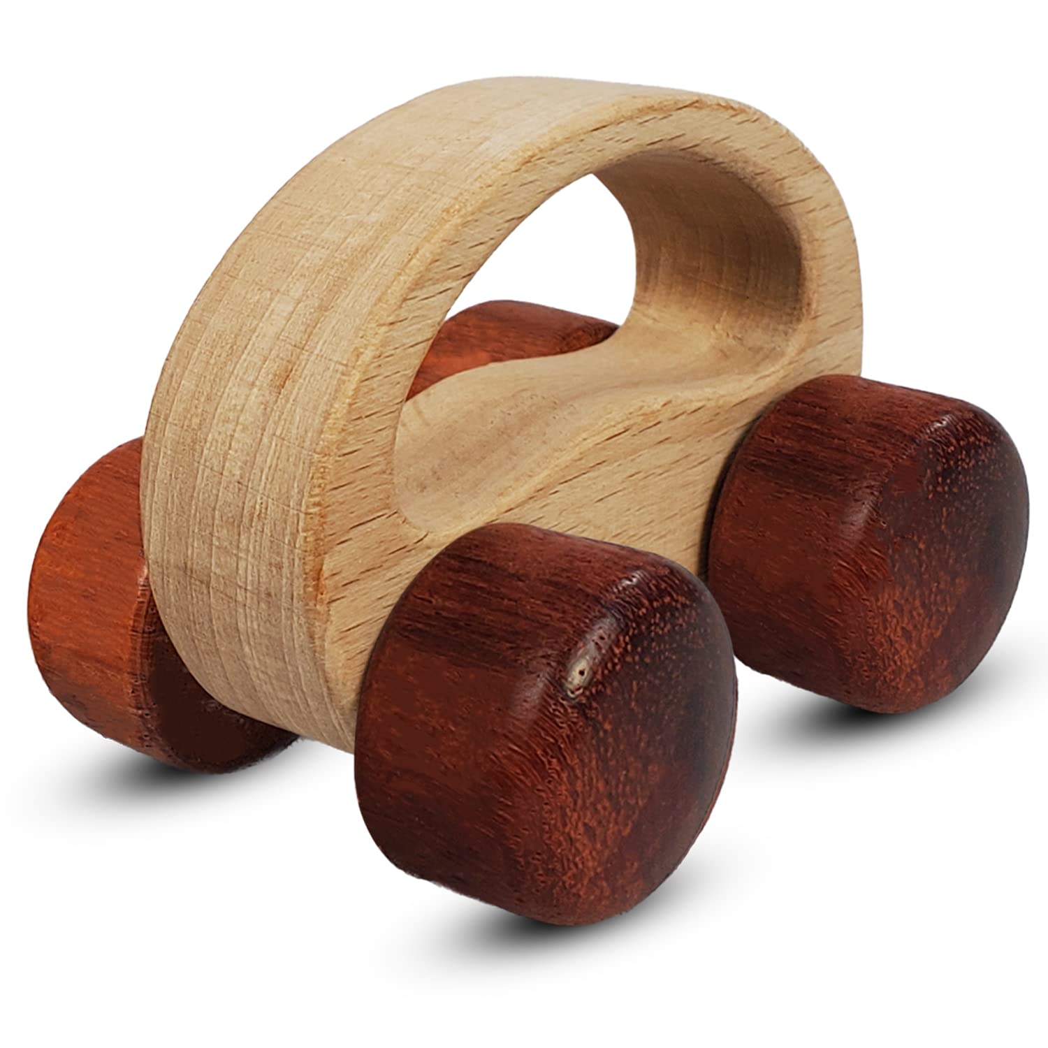 TEKOR Wooden Teether Car - Natural Birch Wood Teething Toy for Baby, Toddler Montessori Toy - Easy Grasping for Motor Development Sensory Skills, Handcrafted, Smooth, No Rough Edges (Colored Wheels)