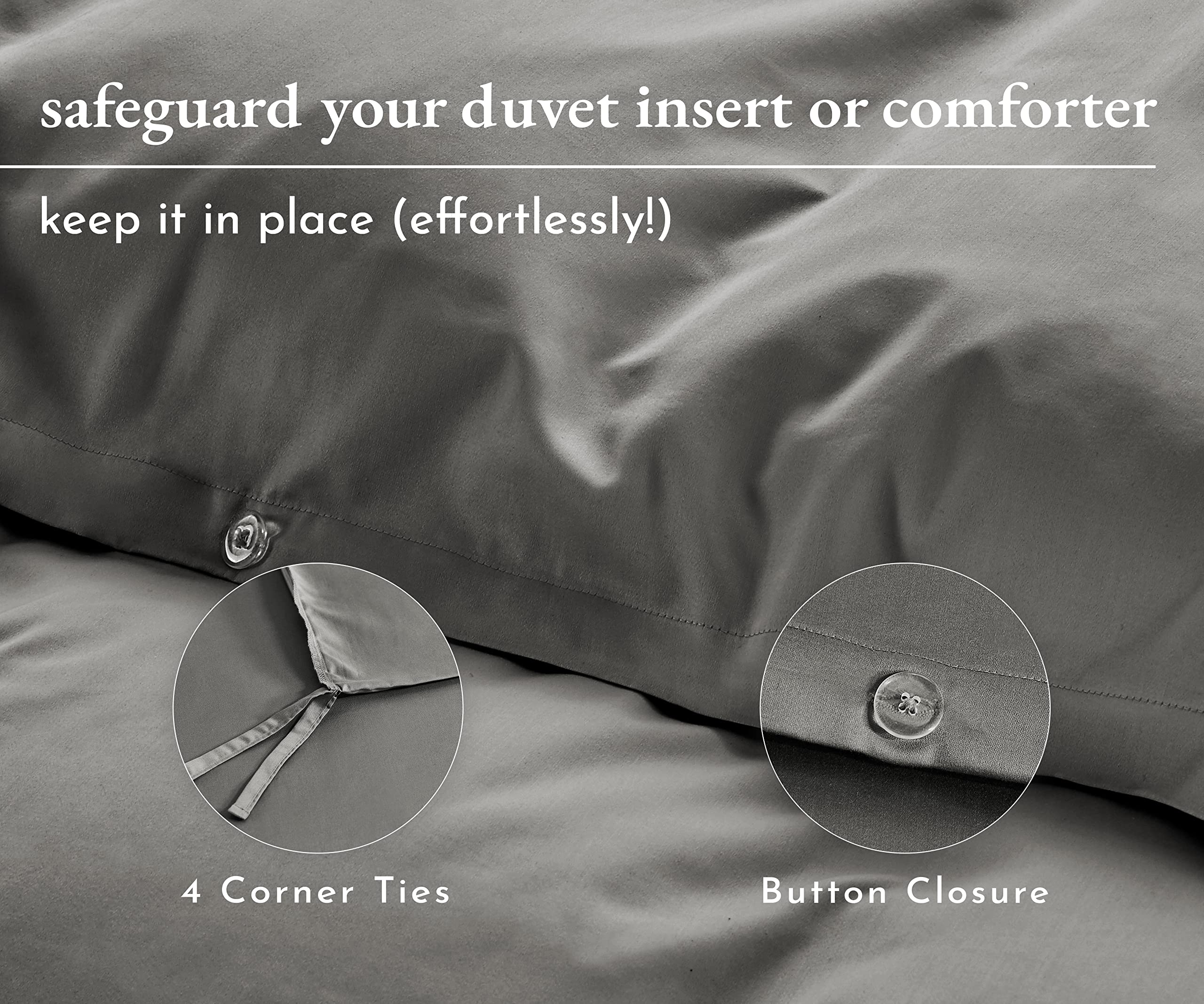 California Design Den Cotton Duvet Cover King Size, 3 Piece Slate Grey Bedding Set, 100% Pure Cotton Sateen Weave, 400 Thread Count Comforter Cover & Two Pillow Shams with Button Closure, Corner Ties