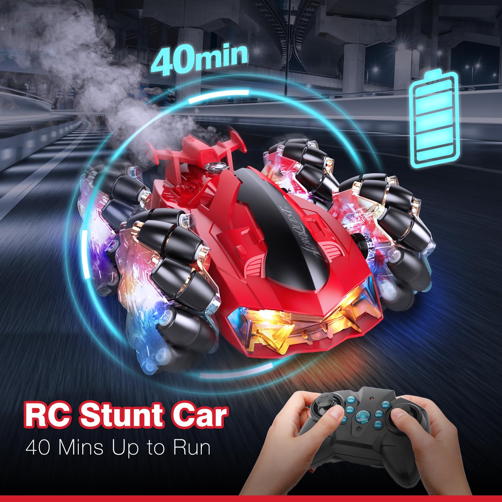 AEROQUEST 2-in-1 Remote Control Car - Light up RC Stunt Car for Kids with Spray Split Dual-Purpose Remote Control Cars for Adult 4WD RC Car with Two Rechargeable Batteries Gift for Kids