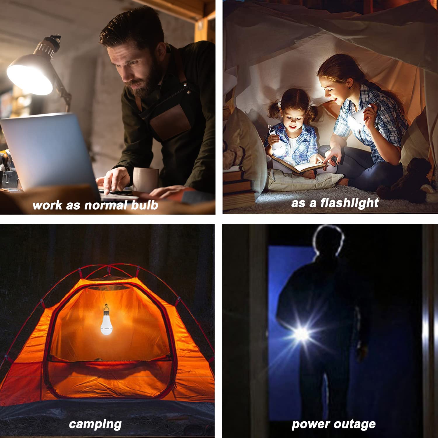 Furoching A19 Rechargeable Emergency LED Bulb, 9W 60W Equivalent Battery Backup Emergency Light with Switch Hook, E26 6000K for Home Power Outage Outdoor Activity Camping Hurricane,4-Pack