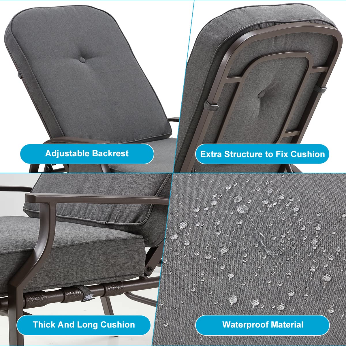 U-MAX Adjustable Outdoor Chaise Lounge Chair Patio Lounge Chair Recliner Furniture with Armrest and Cushion for Deck, Poolside, Backyard (Grey)