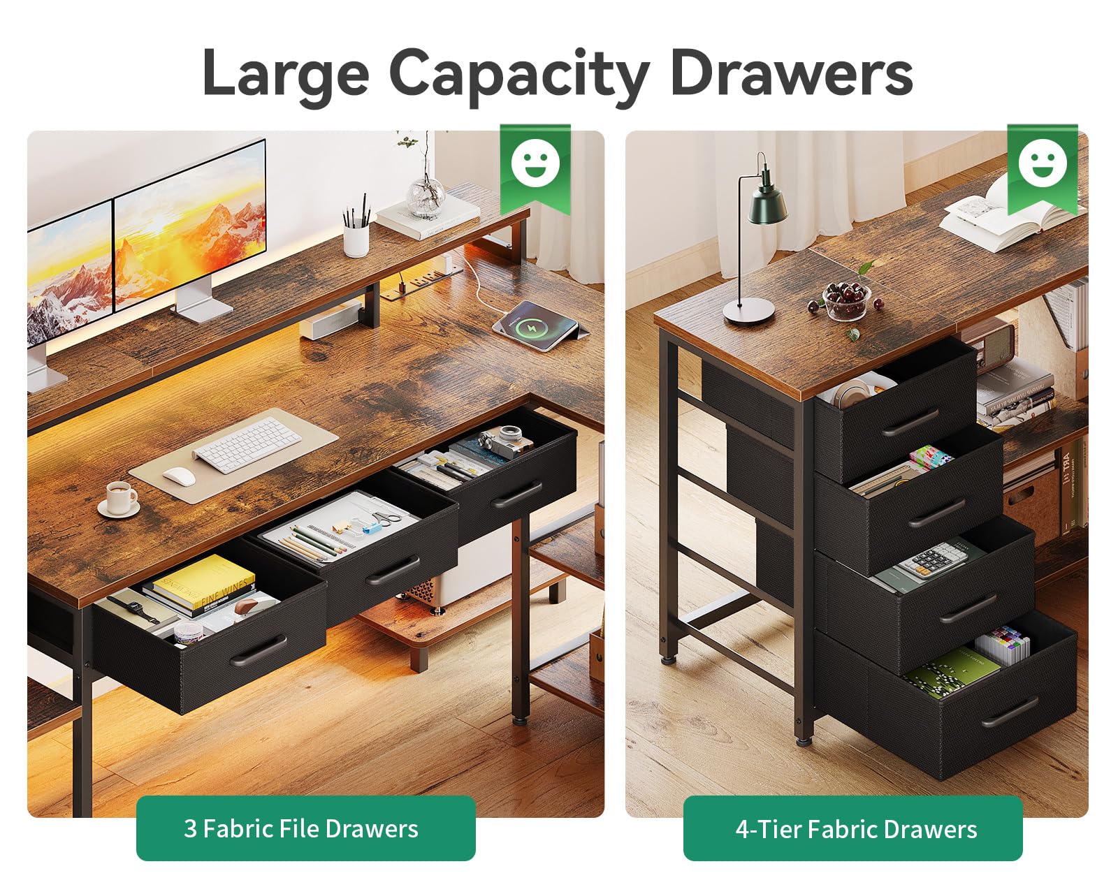 AODK 79" L Shaped Desk with 7 File Drawers, L Shaped Computer Desk with 2 Power Outlets & Monitor Shelf, Home Office Desk with Storage Shelves, Reversible Gaming Desk with LED Light, Vintage