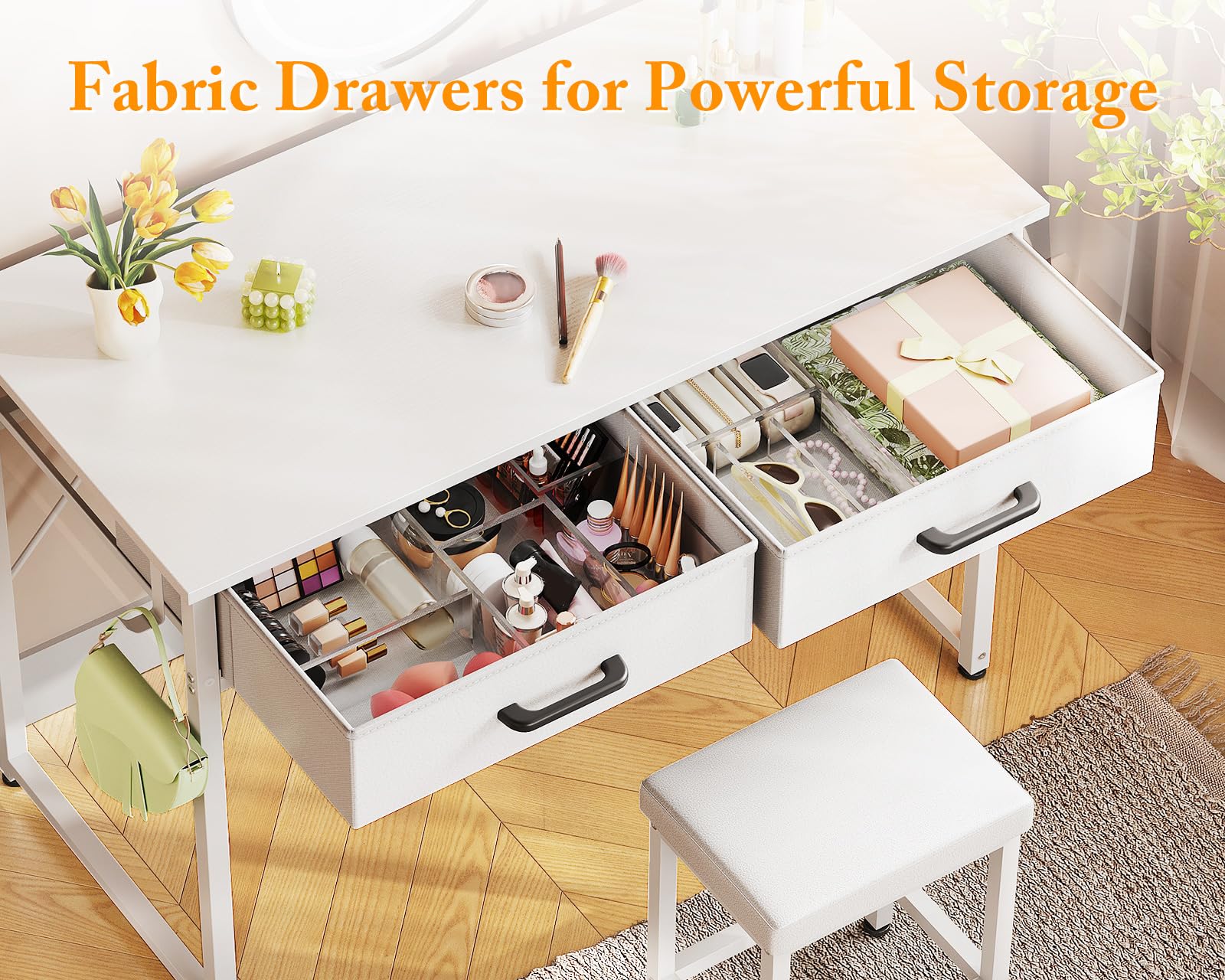 AODK Vanity Desk with 2 Fabric Drawers, 32 Inch Makeup Vanity Without Mirror, Small White Vanity Desk for Bedroom, Makeup Vanity Table with Chair, Kids Girls Vanity Set, White