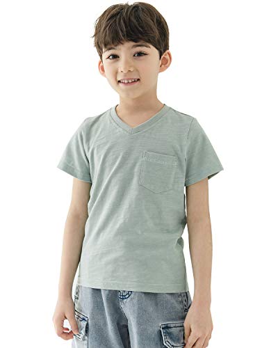 CUNYI Little Boys' Solid Short Sleeve Pocket V-Neck T-Shirt Summer Tops, Light Green, 140