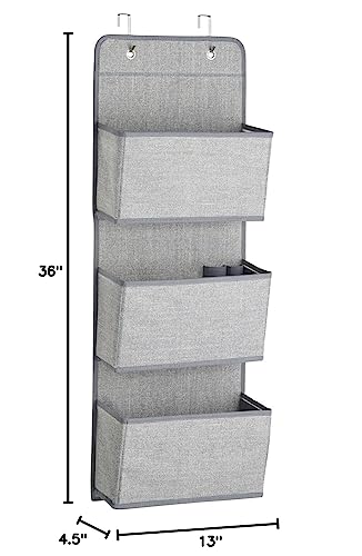 mDesign Fabric Hanging Organizers for Over the Door Storage In Bedroom/Hallway Closets, 3 Pocket Organizer Caddy, Hooks for Linens, Clothing, Accessories, Lido Collection, Textured Print, 2 Pack, Gray