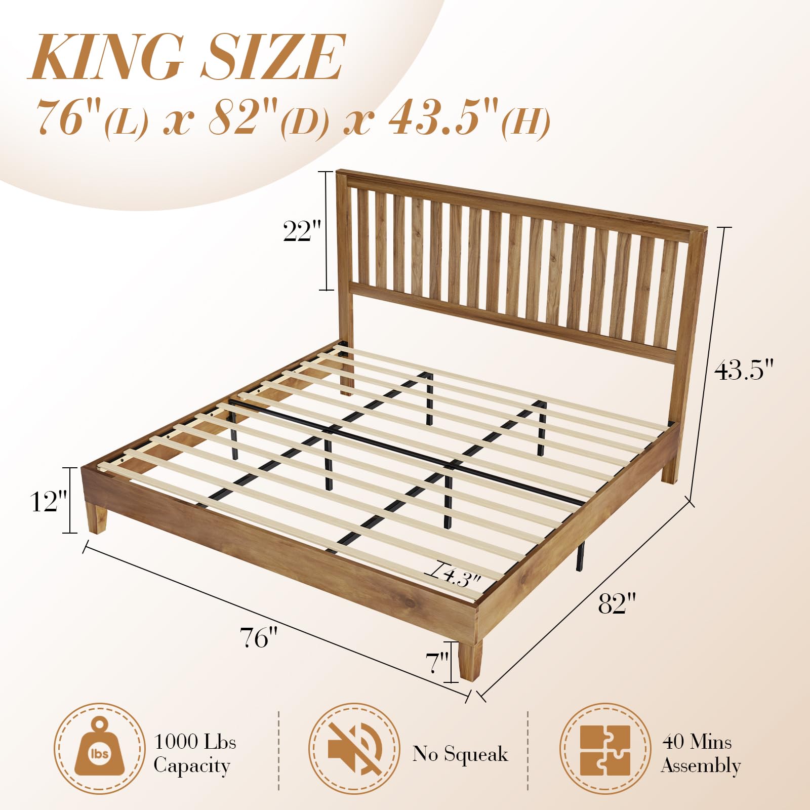 AMERLIFE King Size Solid Wood Bed Frame, Mid-Century Wooden Platform Bed with Grille Headboard, Wood Slat System/No Box Spring Needed/Noise Free, Natural