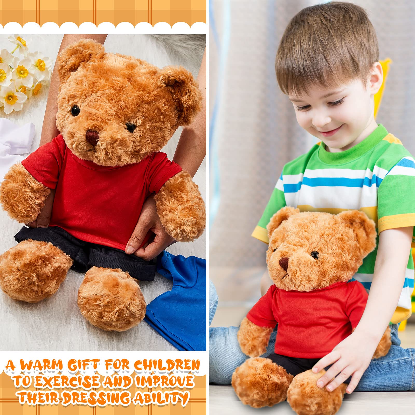 Zhanmai 3 Pack Basic Tee Shirt Bear Clothes Crew Neck Bear Shirt Classic Plush Bear T Shirt with Blue Jean Shorts, Stuffed Animal Clothing Accessories
