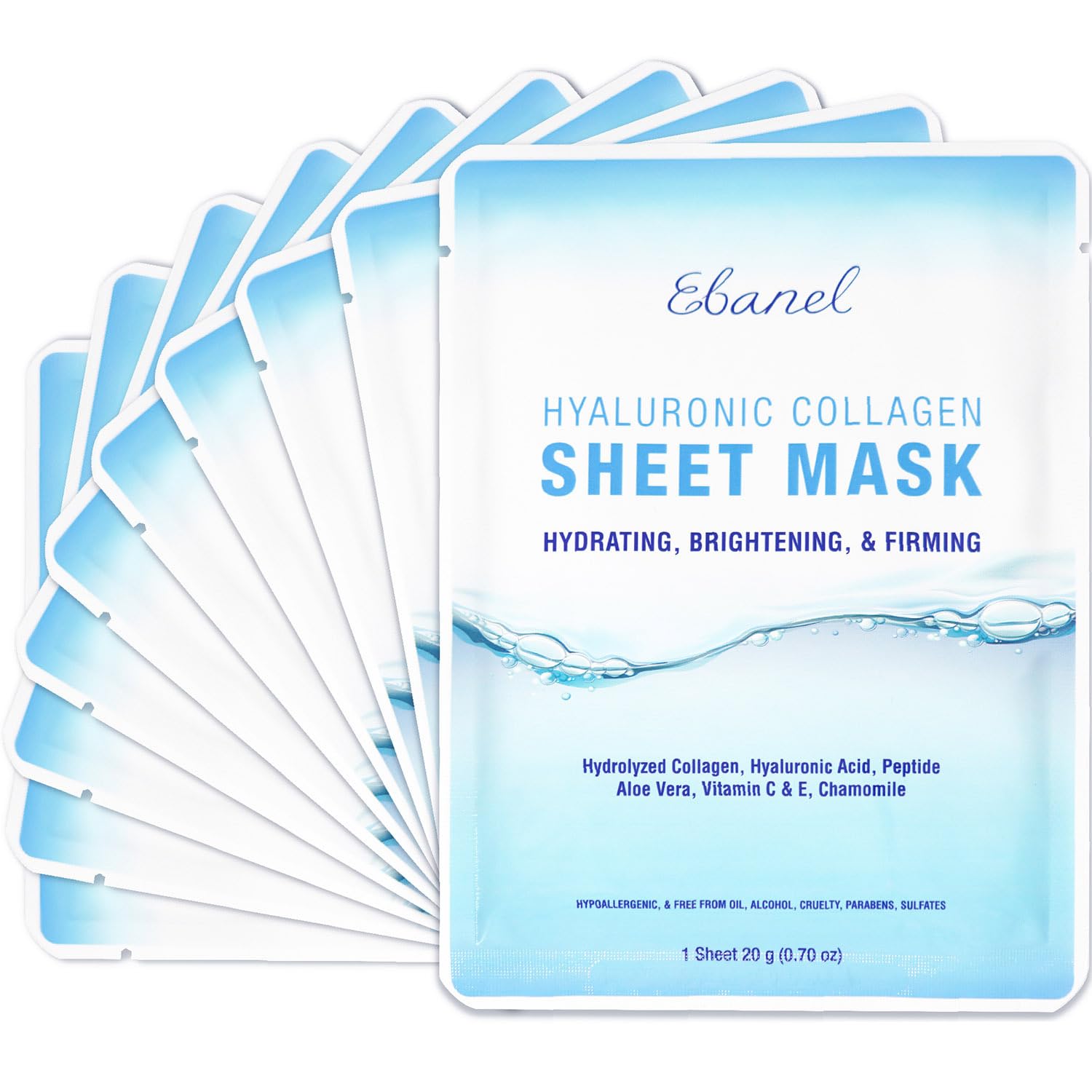 Ebanel 10 Pack Collagen Peptide Hydrating Face Masks, Instant Brightening Firming Anti Aging Face Sheet Masks, Moisturizing Spa Facial Mask Skincare with Hyaluronic Acid, Vitamin C, Chamomile, Aloe