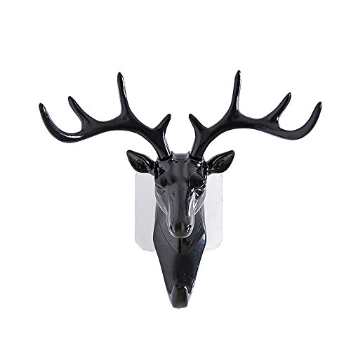 Mural Art Vintage Deer Head Antlers Wall Hook for Hanging Clothes Hat Scarf Key Deer Horns Hanger Rack Wall Decoration (Black)