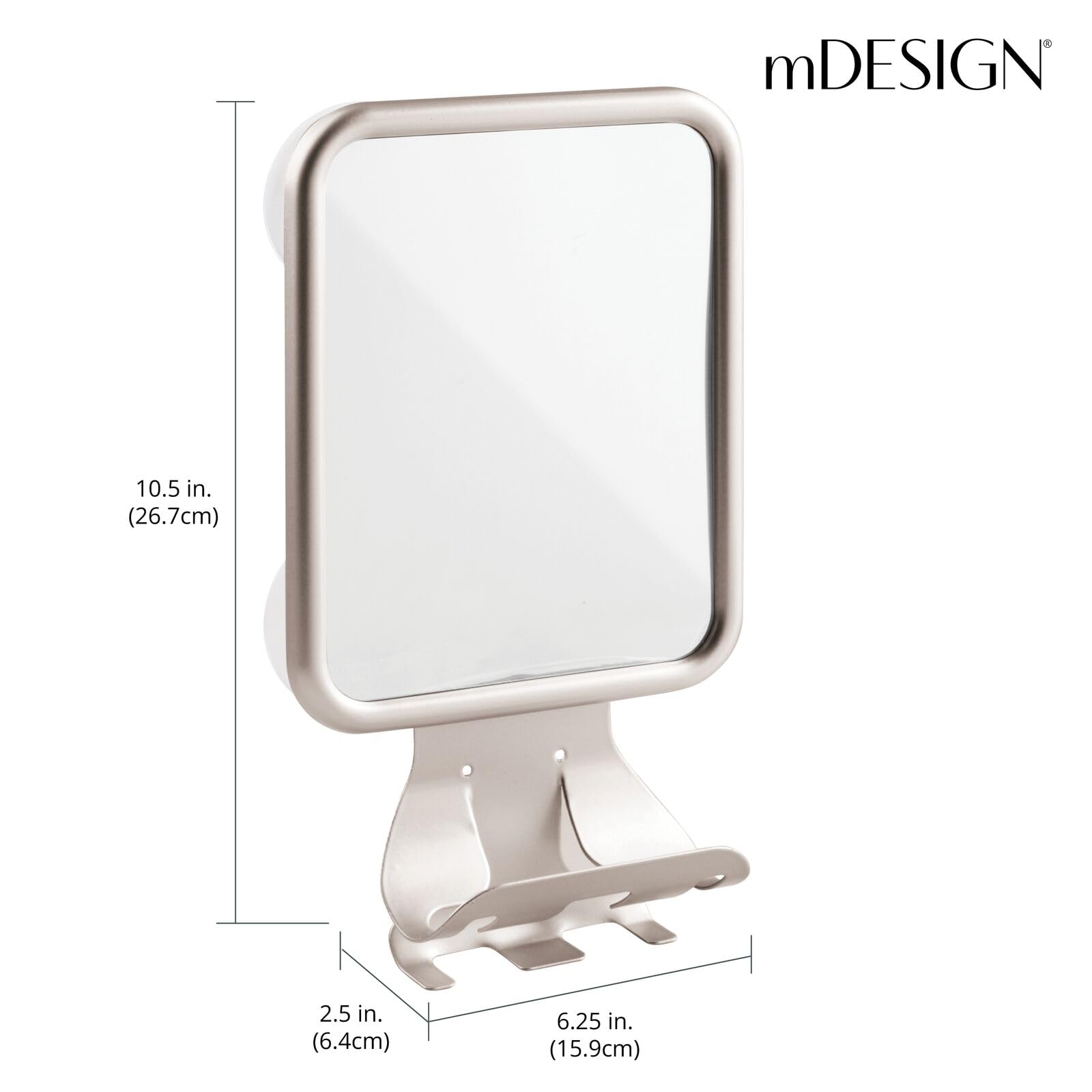 mDesign Large Modern Metal Suction Shaving Mirror Center for Bathroom Showers and Tubs - Holders for Shaving Cream and Razors - Satin