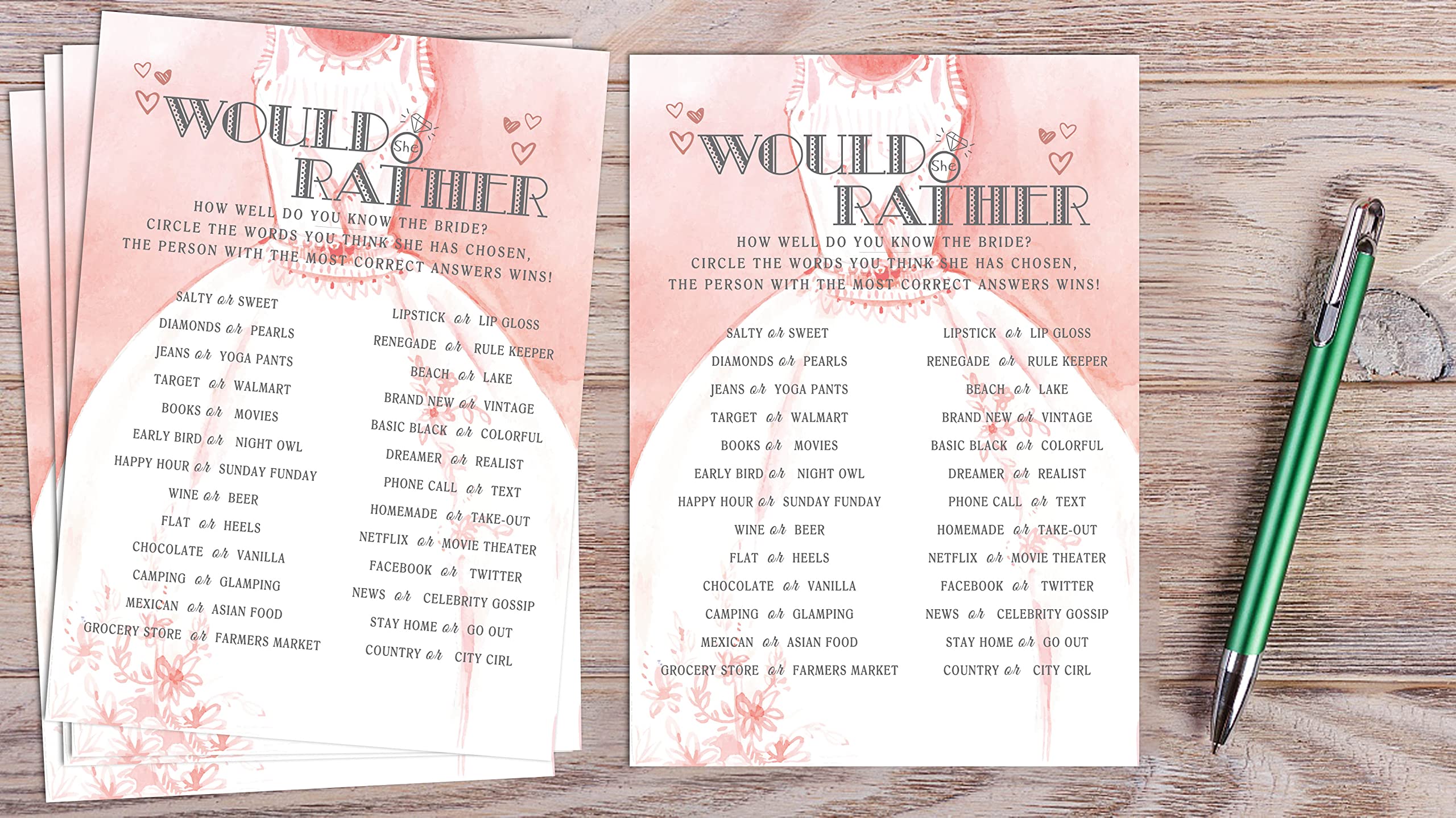 Bridal Shower Games - Would She Rather Game - Wedding Shower Games Cards - Engagement Party Games - 30 Cards Pack(dress08)