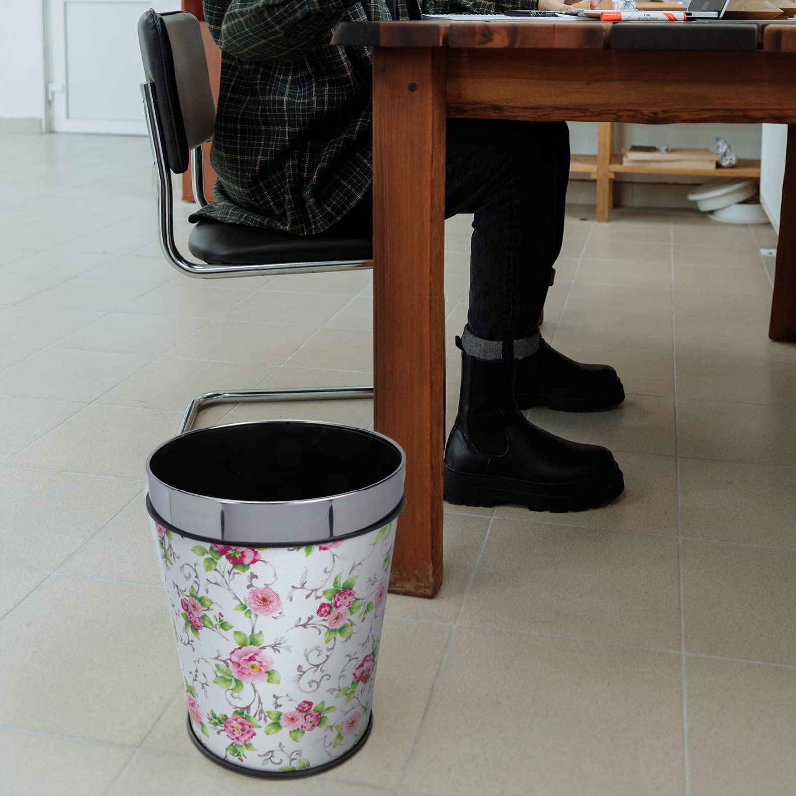 BESPORTBLE Large Laundry Hamper Trash Can Wastebasket Flower Garbage Bin for Bathroom Kitchen Bedroom Office Holds Trash Waste Garbage Recycling 6L Stainless Steel Trashcan