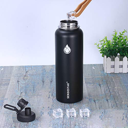 SENDESTAR Stainless Steel Water Bottle, 40 oz water bottle with 3 lids (Straw Lid), Double Wall Vacuum Insulated Leak Proof, Wide Mouth Water bottle