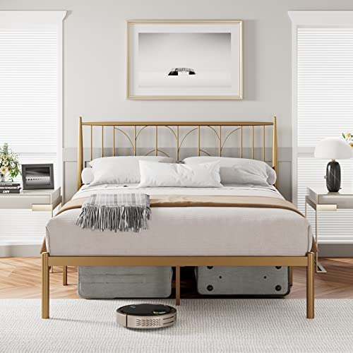 Senfot Bed Frame, Gold Metal Queen Size Platform Bed Frame with Headboard, Heavy Duty Metal Slat Support, Mattress Foundation, Noise Free Design, Easy Installation, Gold