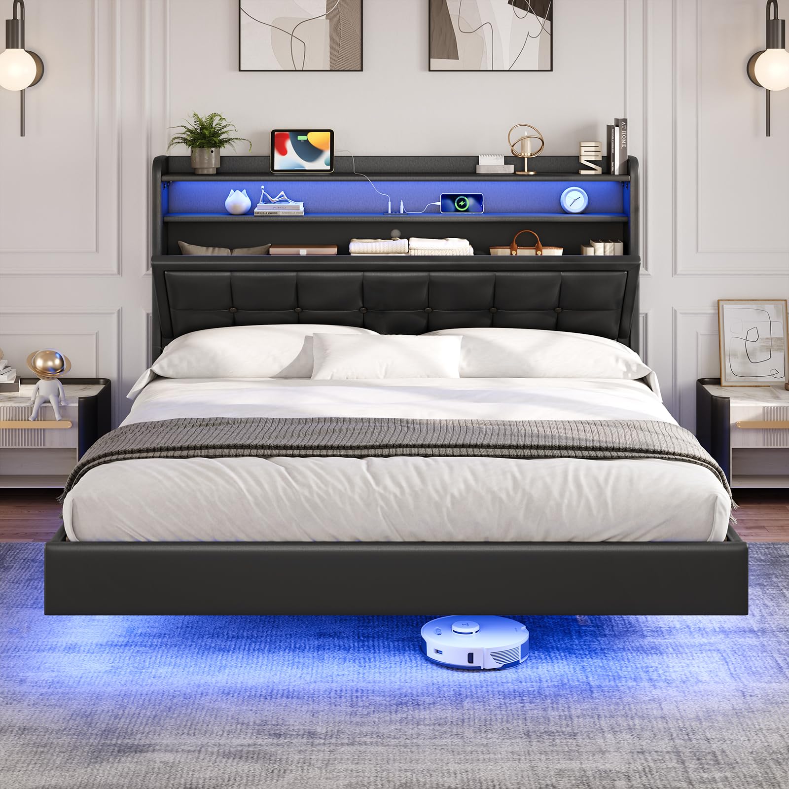 AOGLLATI Floating Bed Frame Twin Size with Storage Headboard,Upholstered Leather Black Led Twin Bed Frame with Charging Station & Led Light and Strong Structure, No Box Spring Needed, Black