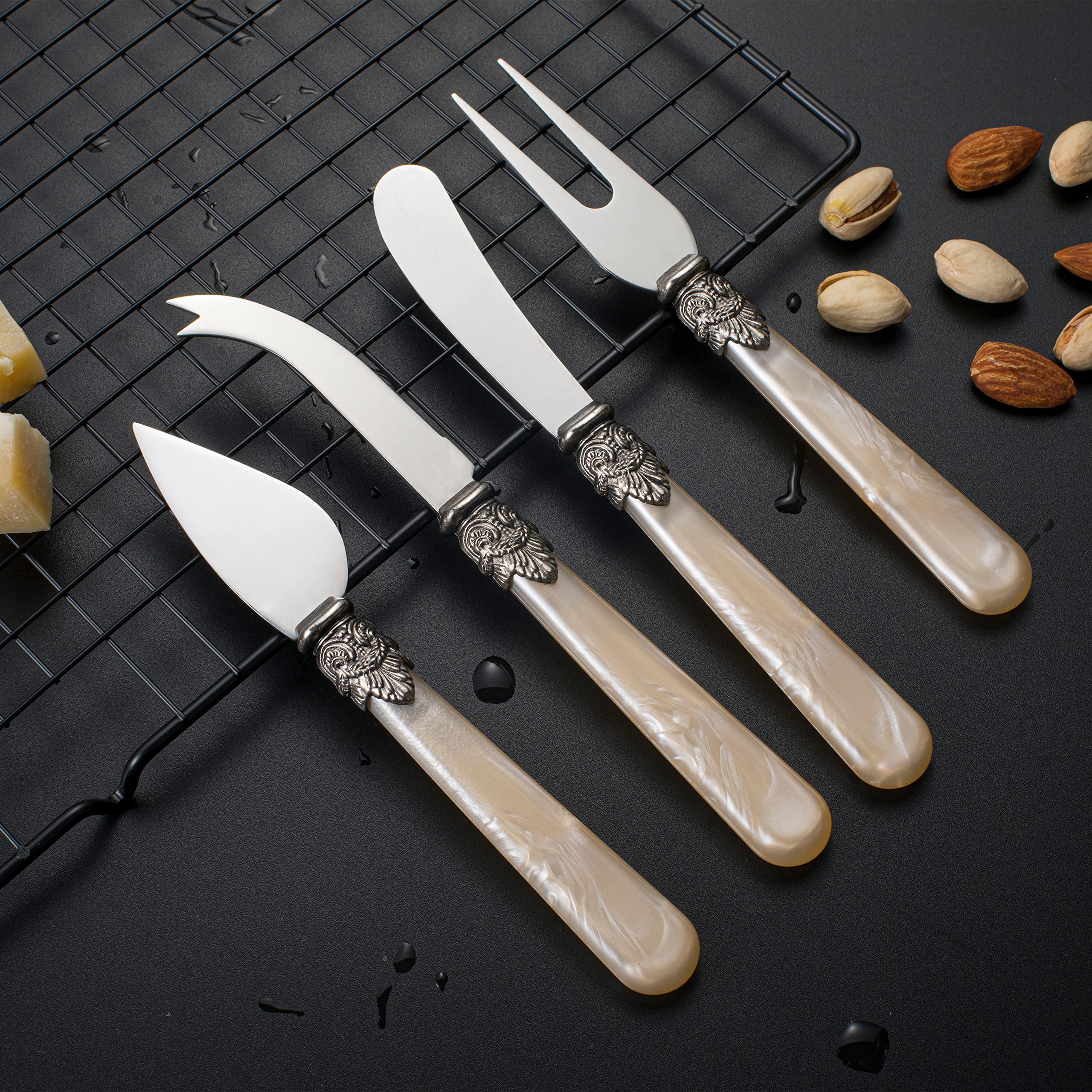 CATHYLIN 4-Pierce Cheese Knife Set For Charcuterie Board,Stainless Steel Cheese Knife Set With Acrylic Handle (Champagne,Gift Ready)
