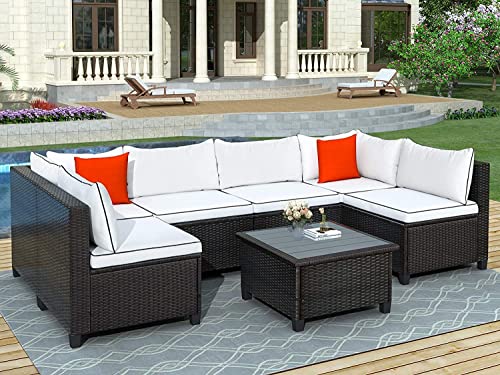 GAOPAN 7 Piece Garden Outdoor Modular Wicker Furniture Set, Sectional Rattan Sofa Patio Lounge & Deep Seating Conversation Furnishings with Cushions,Accent Pillows & Coffee Table, White+Black
