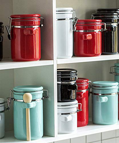 Porcelain Coffee Sealed Canister with Valve Blocks Tea Cans Powder Candy Beans Jars Food Container Spice Storage Bottle with Lid Spoon (Red, 35oz)