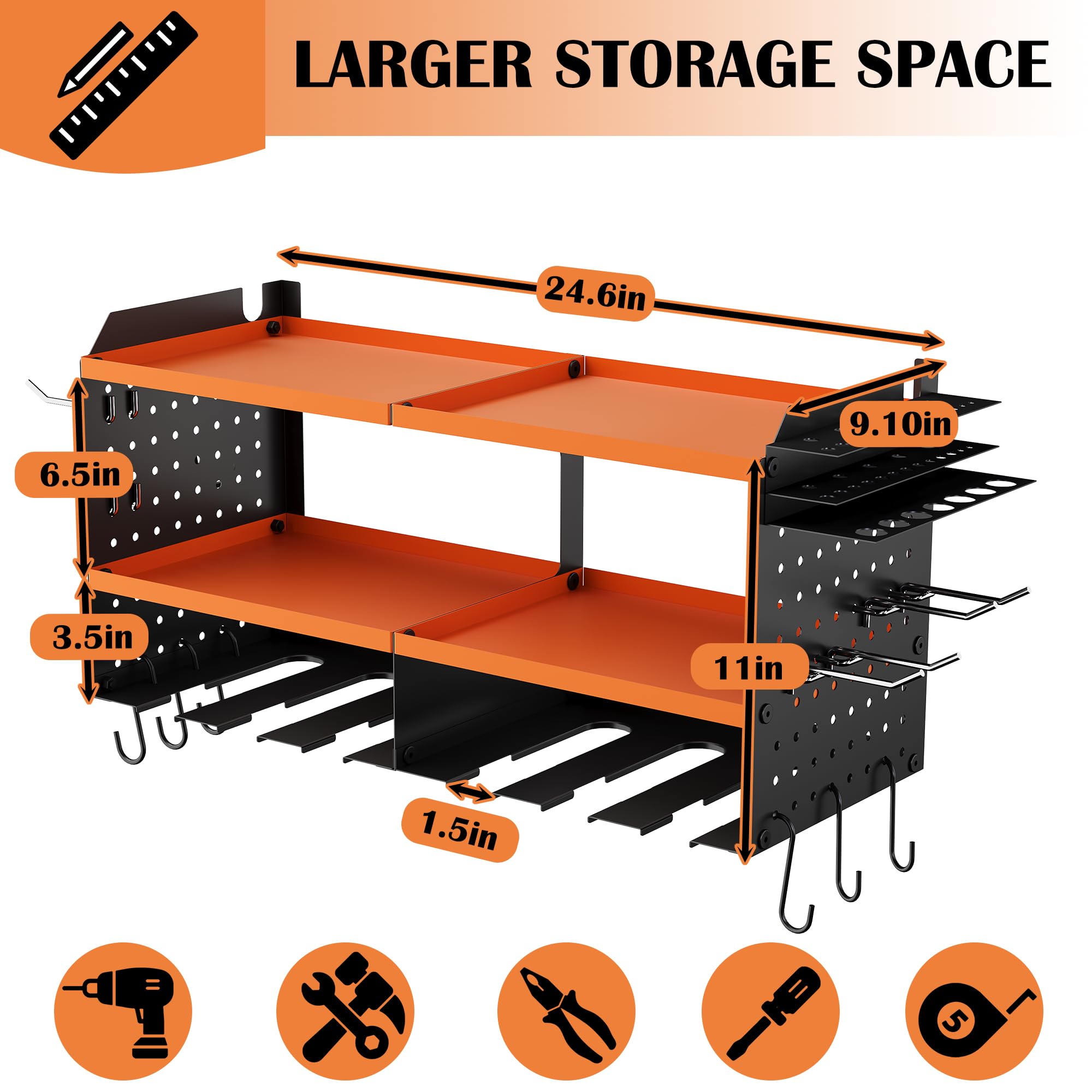 Auroral Zone Power Tool Organizer for Drill Holder, Tool Storage Wall Mount, Storage Rack for Garage Organization, Heavy Duty Metal Tool Shelf, Orange