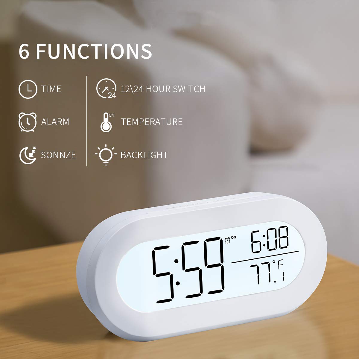 AIJIAXING Digital Alarm Clocks for Desk or Bedroom, Small Alarm Clocks for Kids,with Soft Backlight, Snooze and Temperature, Battery Operated - White…