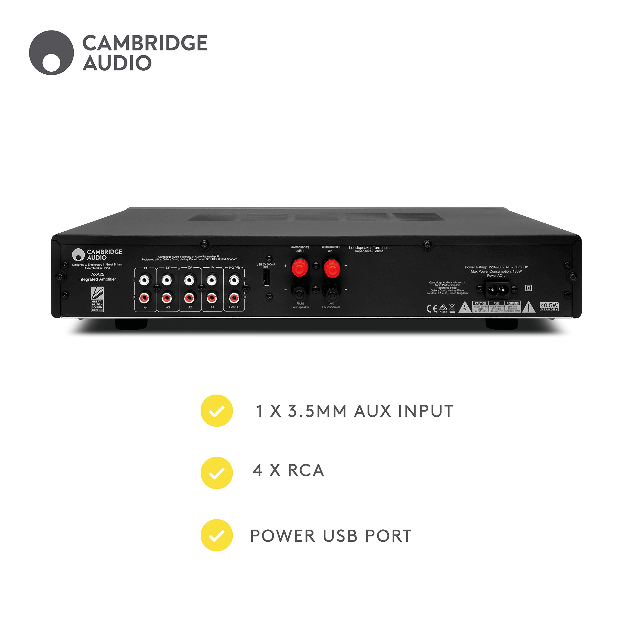 Cambridge Audio AXA25-25 Watt Separate Integrated Stereo Amplifier HiFi System Featuring Tone and Balance Control with Front Aux Input - Lunar Grey