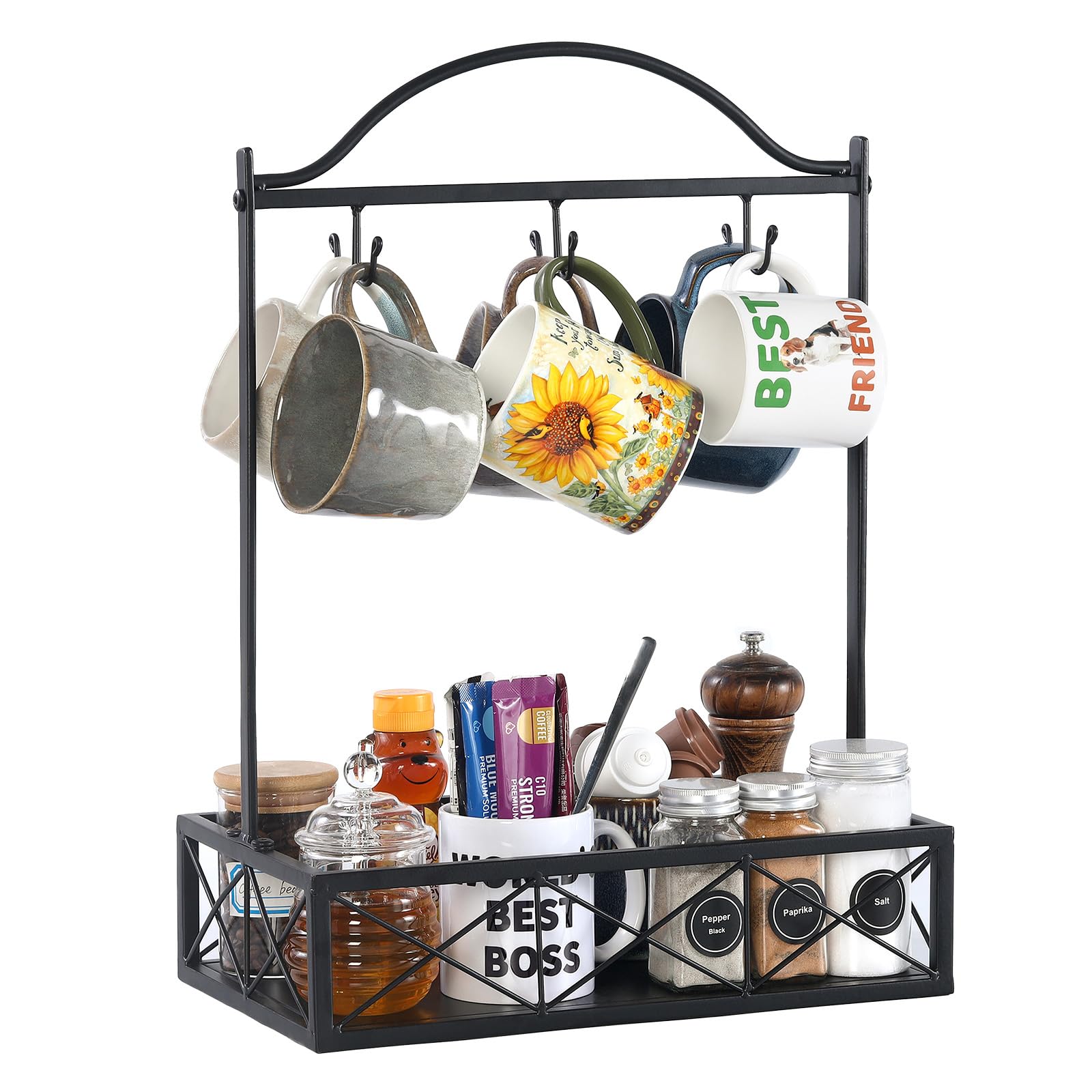 Amarfly Coffee Mug Holder, 6 Capacity Coffee Cup Holder for Countertop, Mug Tree Rack with Storage Base for Coffee Pod, Coffee Ceramic Mug, Coffee Bar Accessories, Home Storage Mug Hooks (Medium)