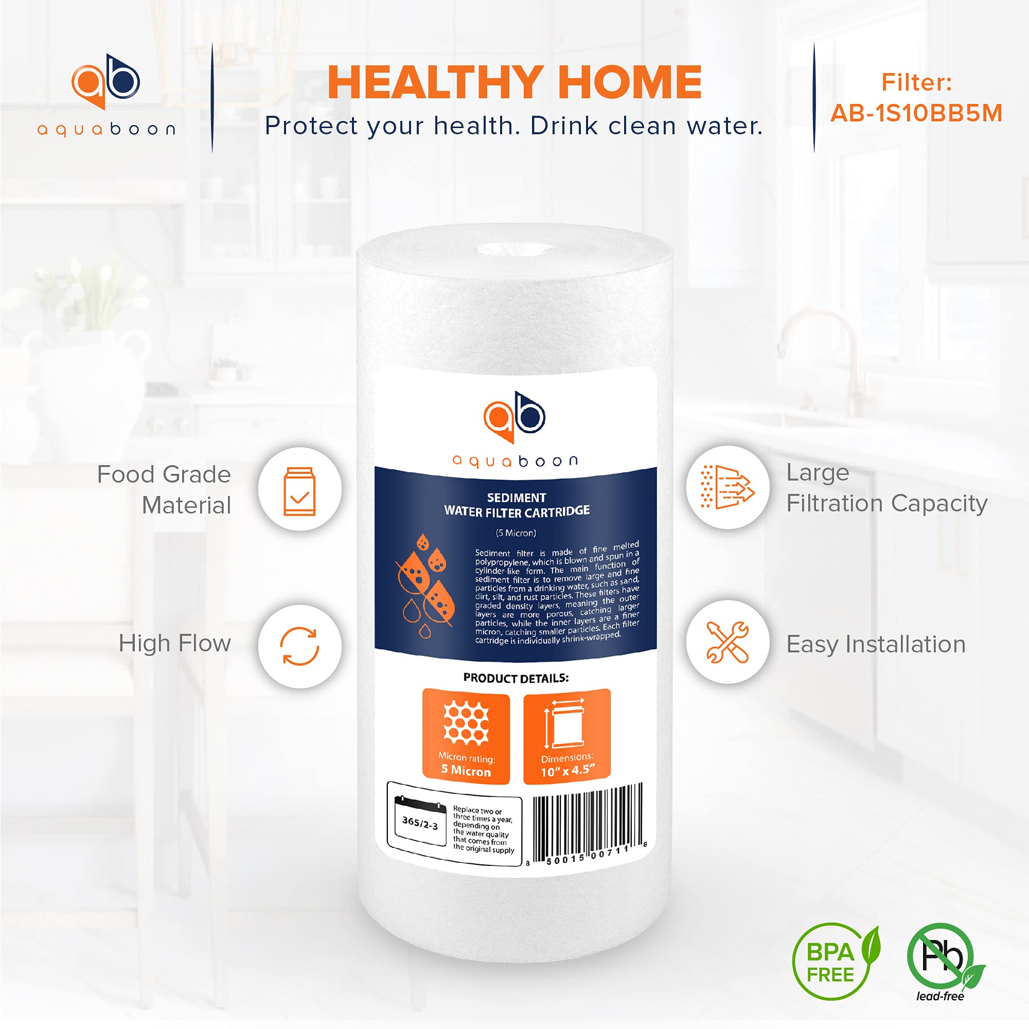 Aquaboon 5 Micron Water Filter 10 x 4.5 - Big Sediment Water Filter - Whole House Water Filter Replacement Cartridge Compatible With W15-PR, DGD-5005, GXWH35F, GXWH30C, HD-950, WFHD13001B (12 Pack)