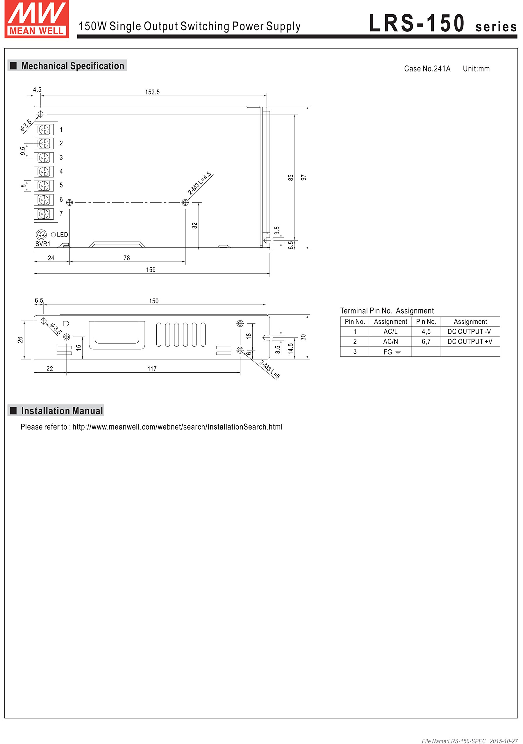 MEAN WELL MW LRS-150-24 24V 6.5A Enclosed-LRS Switching Power Supplies