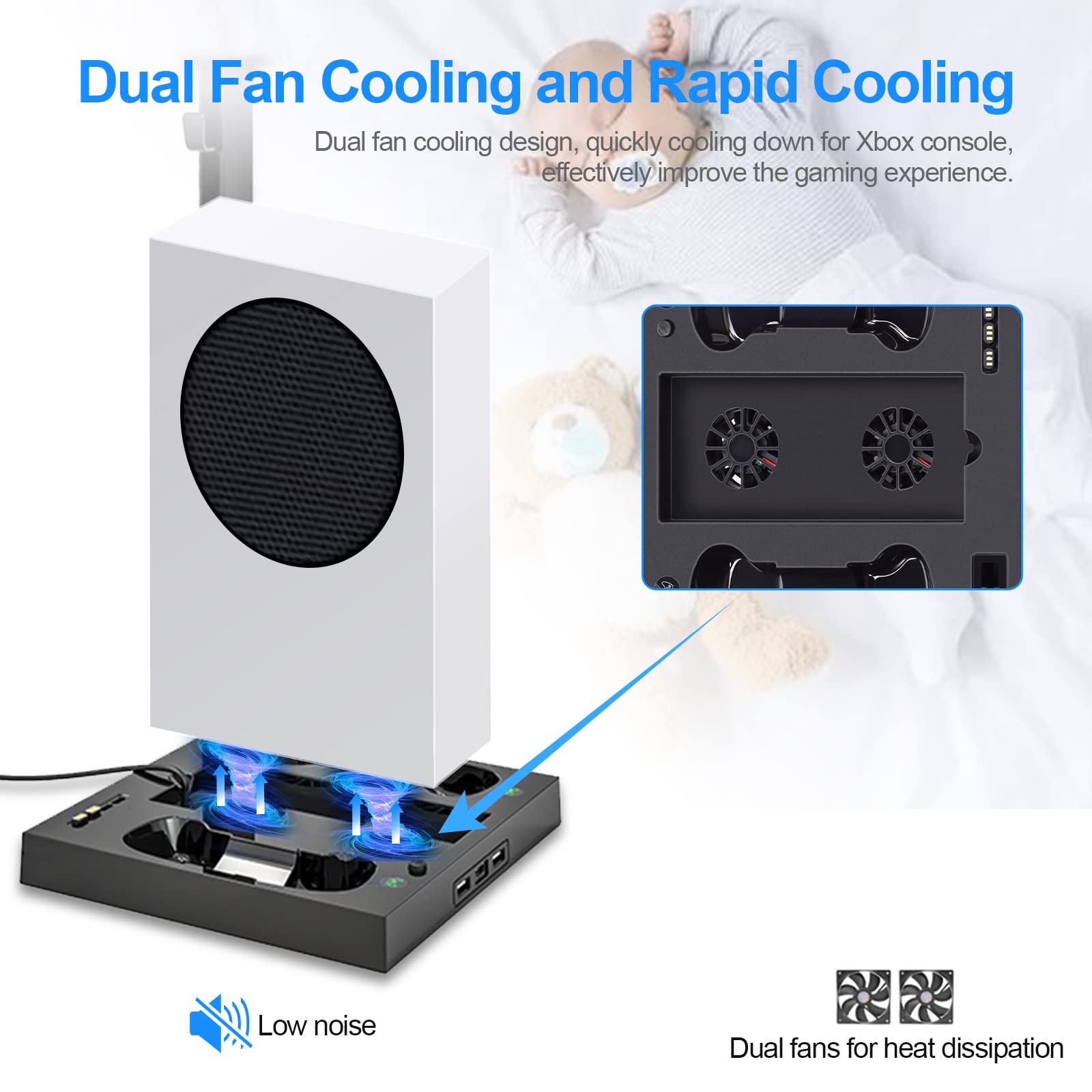 Cooling Fan Stand for Xbox Series S Console with Dual Cooler System, Vertical Charging Station Dual Controller Charger Dock with 2x1400mAh Rechargeable Battery Pack,1 Headset Hanger &4 Type C Adapter