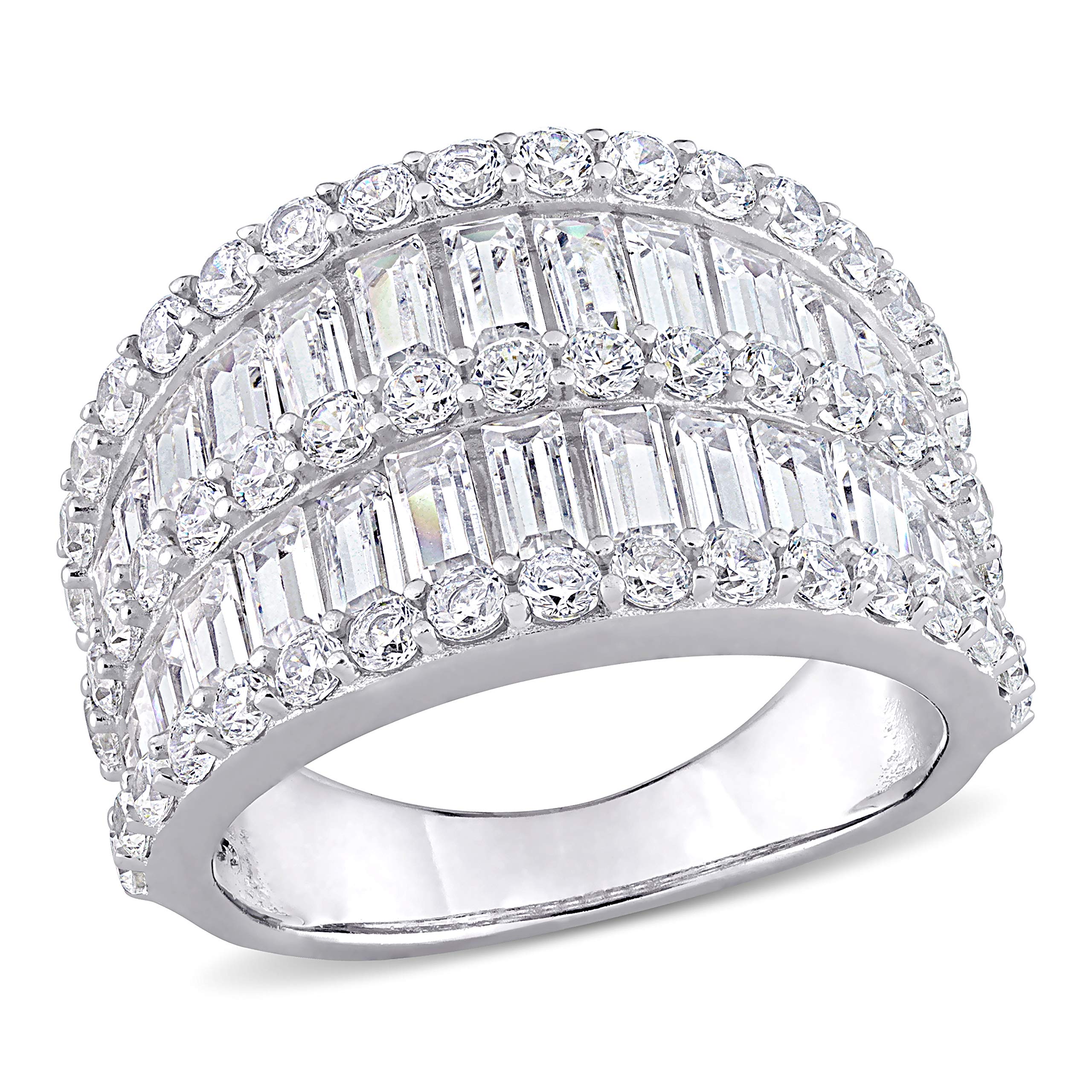 Abbie+Cleo Baguette and Round Cubic Zirconia Double Row Band Ring in Rhodium Flash Plated Sterling Silver, Size 7