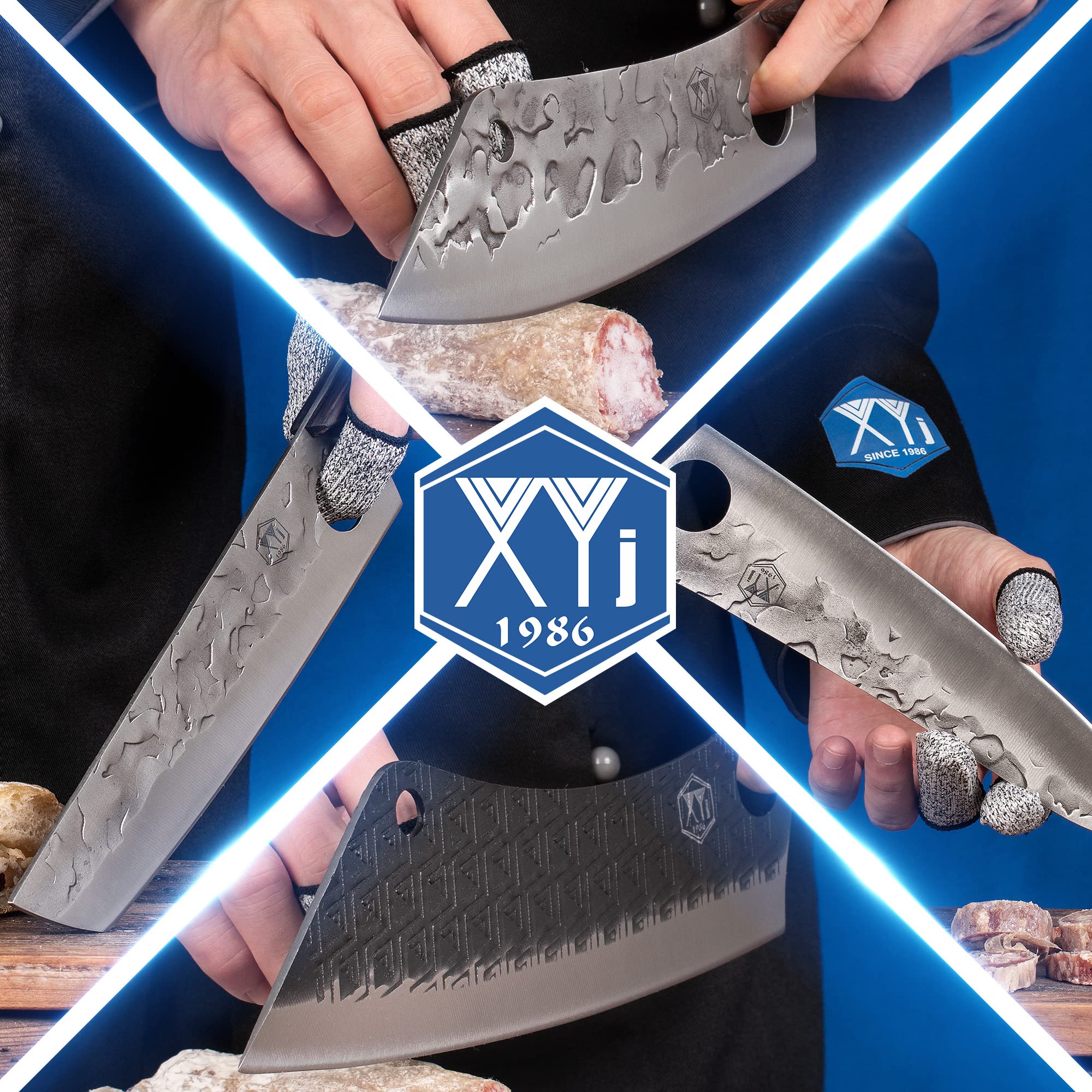Authentic XYJ Since 1986,Camp Cooking Knives Set,High Carbon Steel Slicing Chef Knife With Kitchen Scissors,Carry Bag,Sharpener Rod,Butcher Meat Vegetable Knife,Full Tang,Hammer Finished