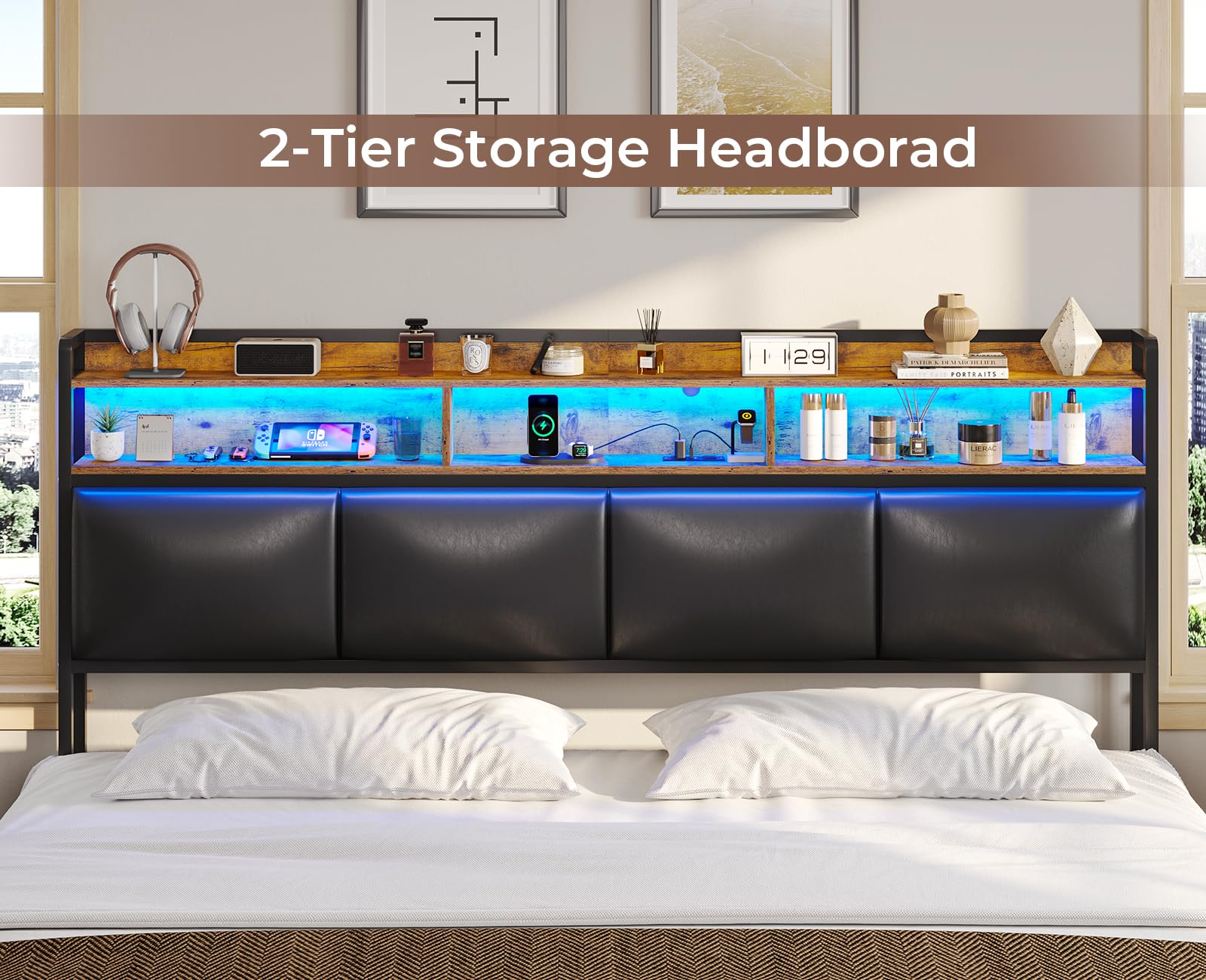 AOGLLATI Upholstered Headboard Queen Size with LED Lights & Charging Station,Headboard Queen Size with 2-Tire Storage Space and Soft Backrest for Bedroom, Easy Assembly(Queen,Black)