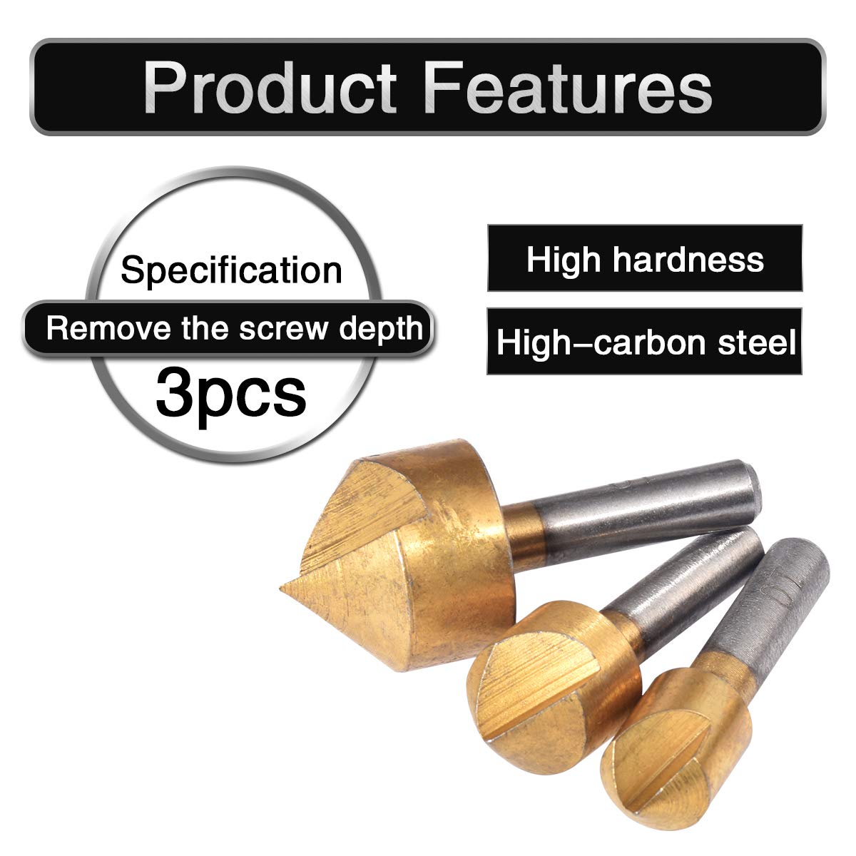 HOHXEN 5Pcs Titanium Chamfering Countersink Drill Bit Set - 3/8" 1/2" 3/4" - 10mm 12mm 19mm for Wood Metal Quick Change Drill Bit Set