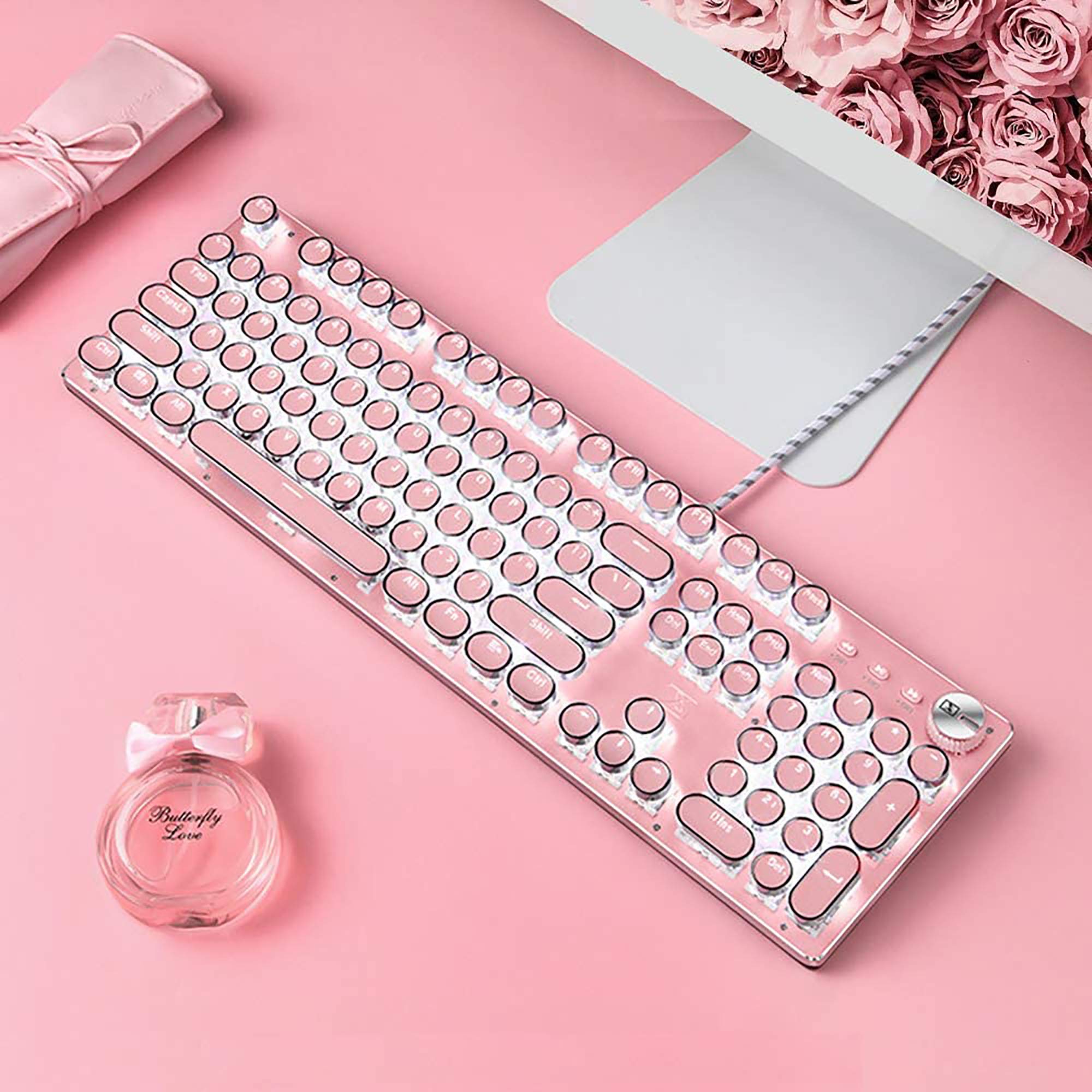 CHICHEN Retro Steampunk Typewriter-Style Gaming Keyboard, Blue Switches,Pure White Backlight, USB Wired, for PC Laptop Desktop, Stylish Pink Mechanical Keyboard Round Keycaps