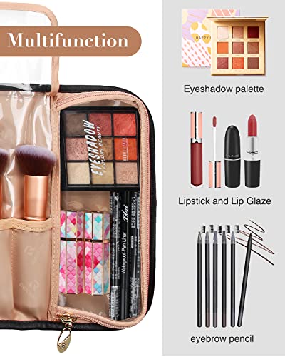 Relavel Makeup Brush Rolling Case Makeup Brush Bag Pouch Holder Cosmetic Bag Organizer Travel Portable Cosmetics Brushes Black Leather Case with Small Clear Bag
