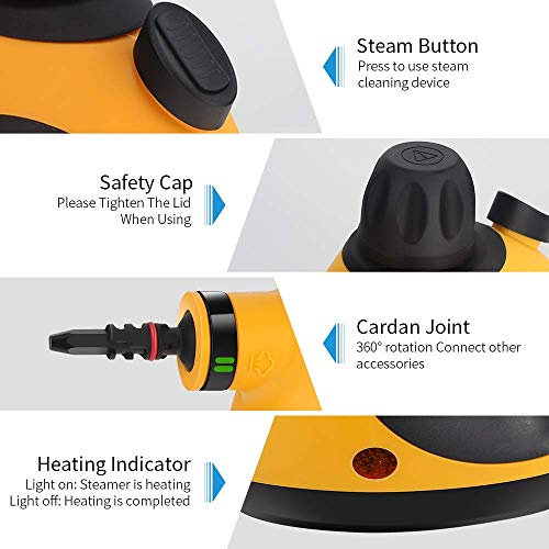 AFMAT Handheld Steam Cleaner, Portable Steam Cleaner Handheld 10 in 1 Set Multi-Function Multi-Purpose, and Chemical-Free, Multi-Surface All Natural, for Kitchen, Home -Yellow