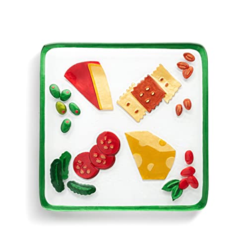 DEMDACO Cheese Charcuterie Olives Vibrant Green 13 inch Glass Square Platter
