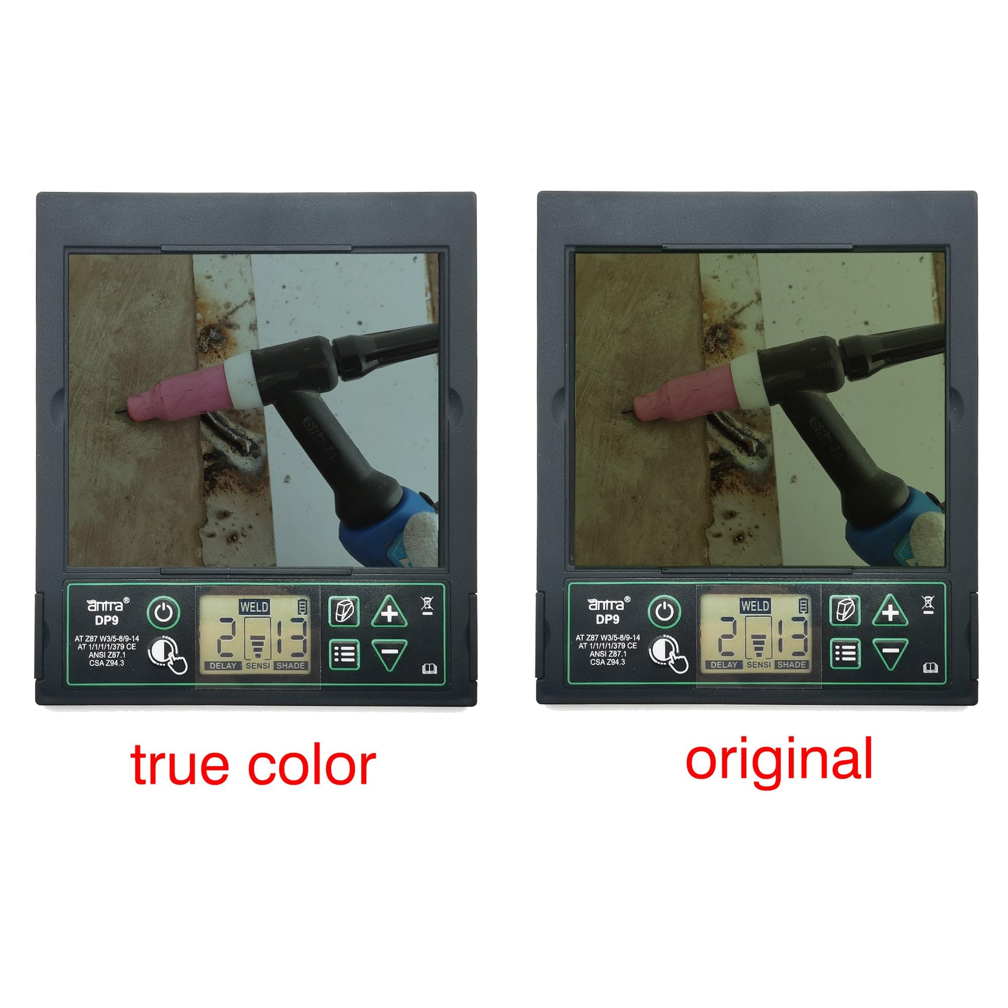 Antra Digital Auto Darkening Welding Helmet DP9-1X - True Color TOP Optical Class 1/1/1/1, Wide Shade Range 4/5-14 w Shade Lock, Low TIG Rating 2A - Precision Protection for Welding Excellence