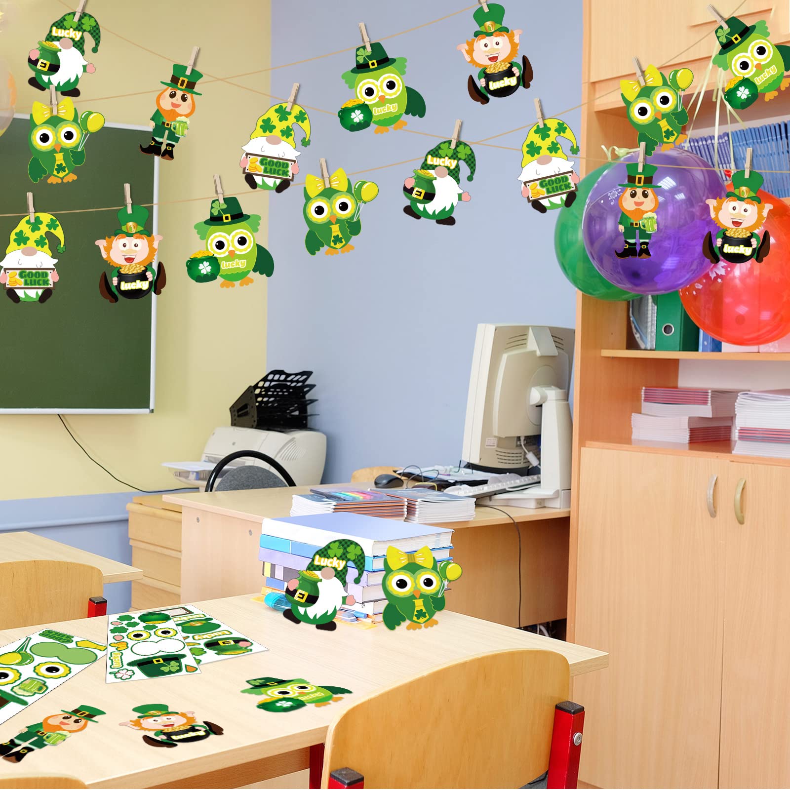 chiazllta 30 PCS St. Patricks Day Craft Kits for Kids DIY Leprechauns Shamrock Owl Gnome Sticker Craft Ornament St. Patricks Art Craft for Party Home Class School Game Activities