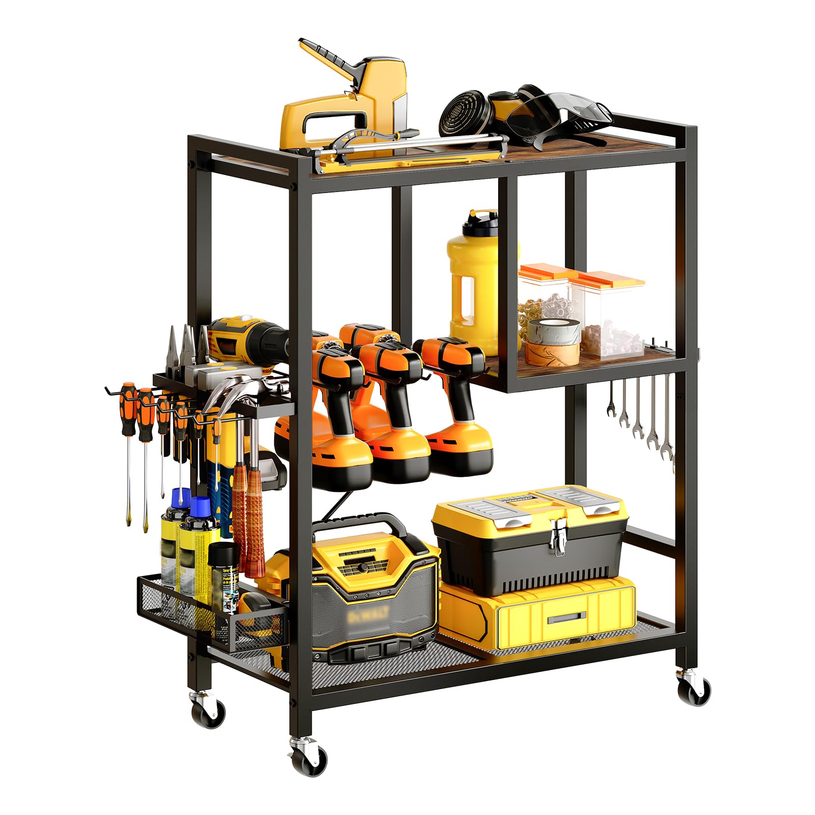 MAHANCRIS Power Tool Organizer, Power Tool Cart with Wheels, Garage Storage Organization, 6-8 Drill Rack Shelf Tool Holder, Rolling Tool Cart Mobile Open Tool Chest Cabinet Box for Workshop TCHR9901