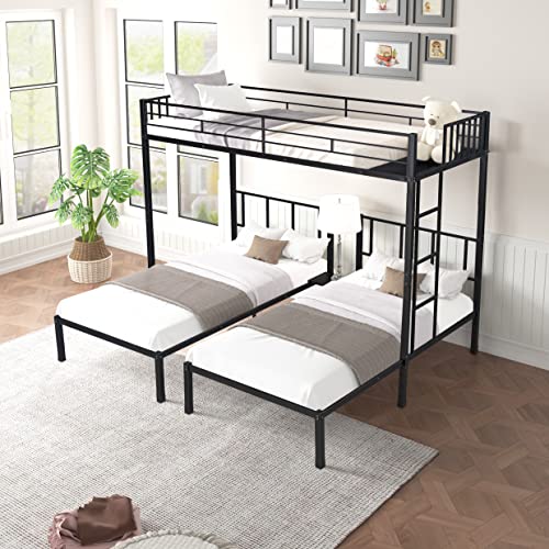 DEYOBED Full Over Twin and Twin Wooden Detachable Triple Bed Bunk Bed with 2 Drawers - Functional Sleep and Organization Setup for 3 Kids and Teens