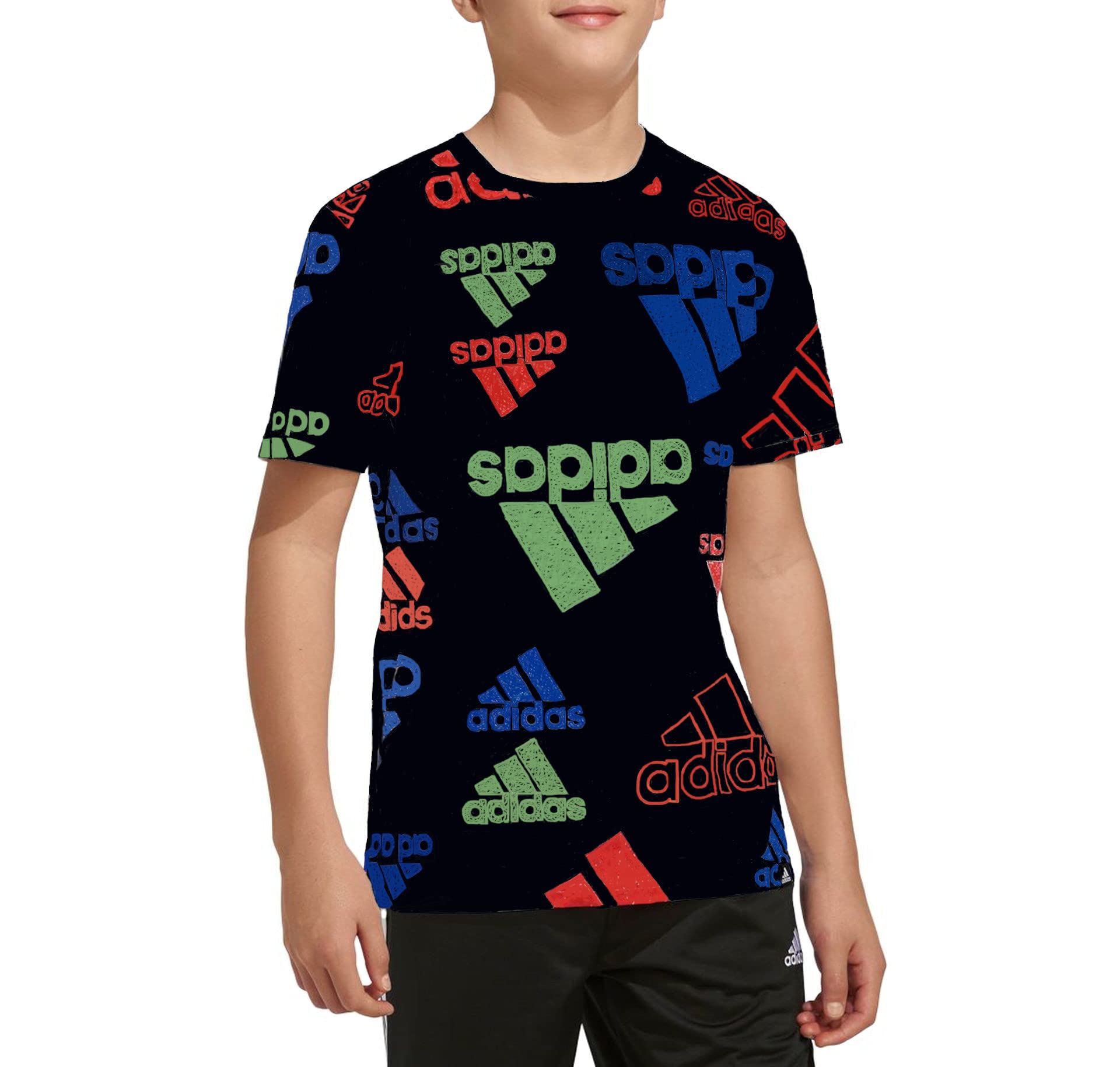 adidas Boys' Brand Love Sketch T-Shirt (X-Large, Black/Multi)