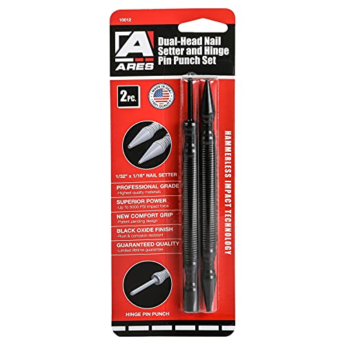 ARES 10012 – 2-Piece Dual Head Nail Setter & Hinge Pin Remover Punch Set – Nail Setter Features 1/32-Inch (#1) and 1/16-Inch (#2) Dual Head Design – CNC-Precision Machined - 5000 PSI Striking Force