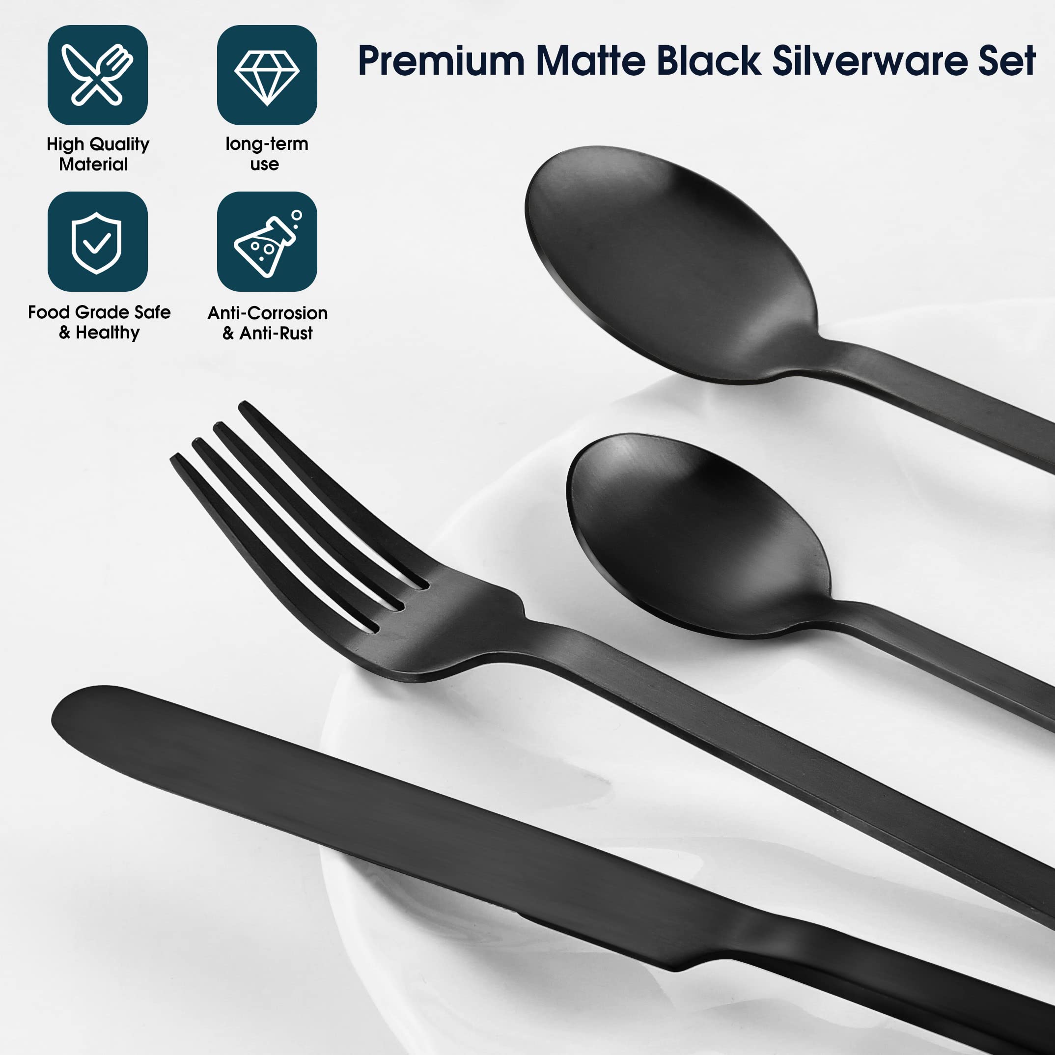 Barbbon 20 Pieces Matte Black Silverware Set,Stainless Steel Black Flatware Set, Food-Grade Cutlery Set for 4,Satin Finished Tableware Eating Utensil Set, Dishwasher Safe