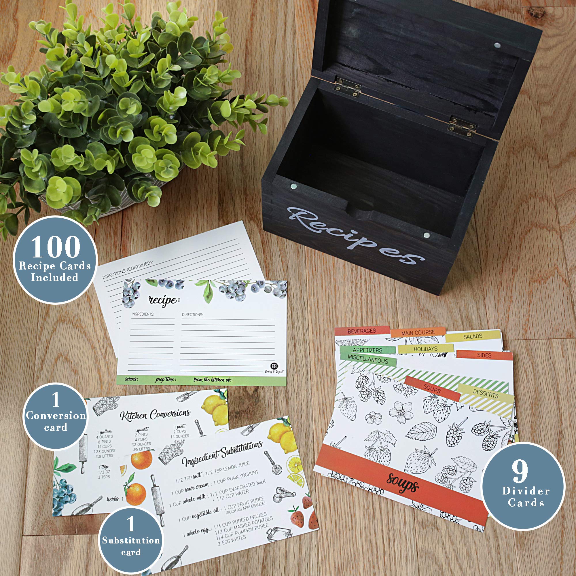 Baking & Beyond Recipe Box, Recipe Card Holder Box with 100 4x6 inch Recipe Cards, 9 Dividers, 1 Conversion & 1 Substitution Card, Vintage Style Solid Pinewood Recipe Organizer (7x5.3x4, Black)