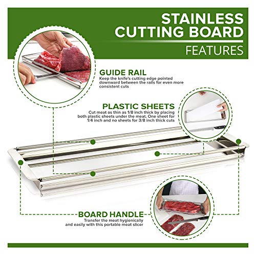 PRECISION MEATS Beef Jerky Slicer Kit - Superior 10" Butchers Carving Knife & Meat Slicing Cutting Board for Safe, Mouthwatering, Uniform Slices - Adjustable Thickness - Dishwasher Safe Jerky Maker
