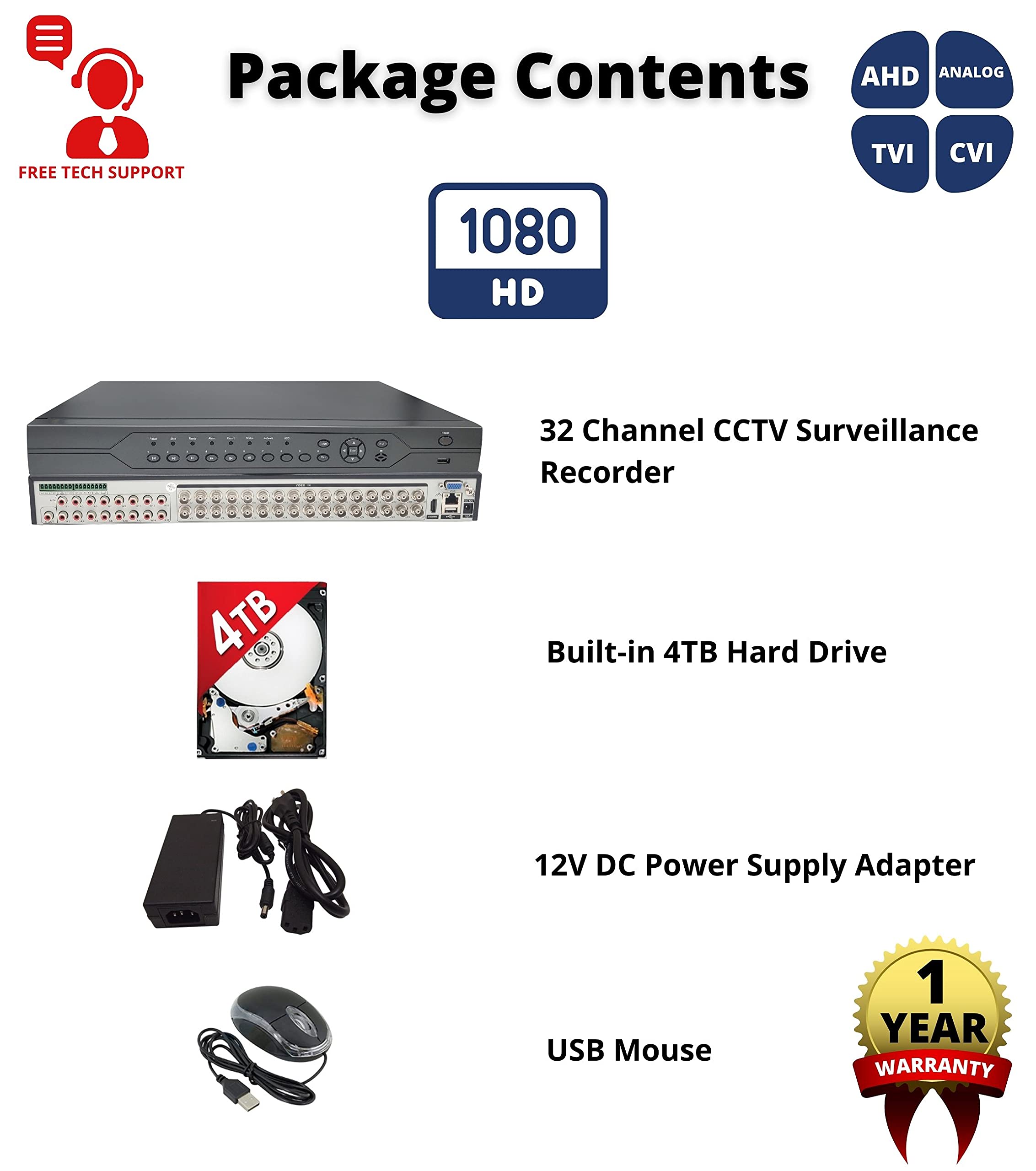 Evertech 32 Channel 32CH H.265 Hybrid DVR Recorder 4-in1 for HD TVI AHD CVI and Analog 1080P Home Business Security Surveillance Camera Systems + 4TB Hard Drive Memory for 24/7 Recording Remote Access