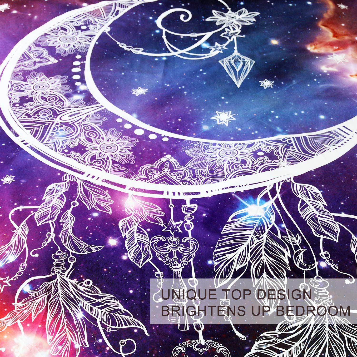 BlessLiving Star Galaxy Bedding Crescent Moon Duvet Cover Purple Pink Bedding 3 Pieces Feather Design Quilt Cover Space Comforter Cover Set (Full)