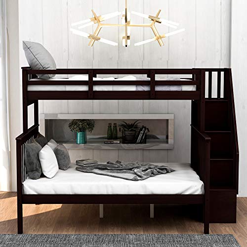 DEYOBED Twin Over Full Wooden Bunk Bed with Storage Stairway for Kids Teens Adults